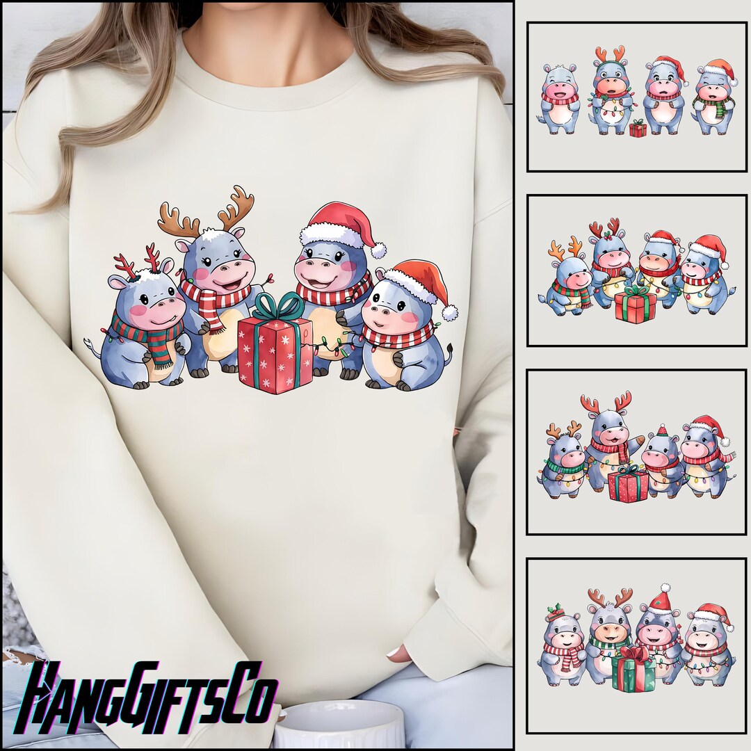 Funny Moo-deng Christmas Watercolor Png Bundle, Watercolor Design Png ...