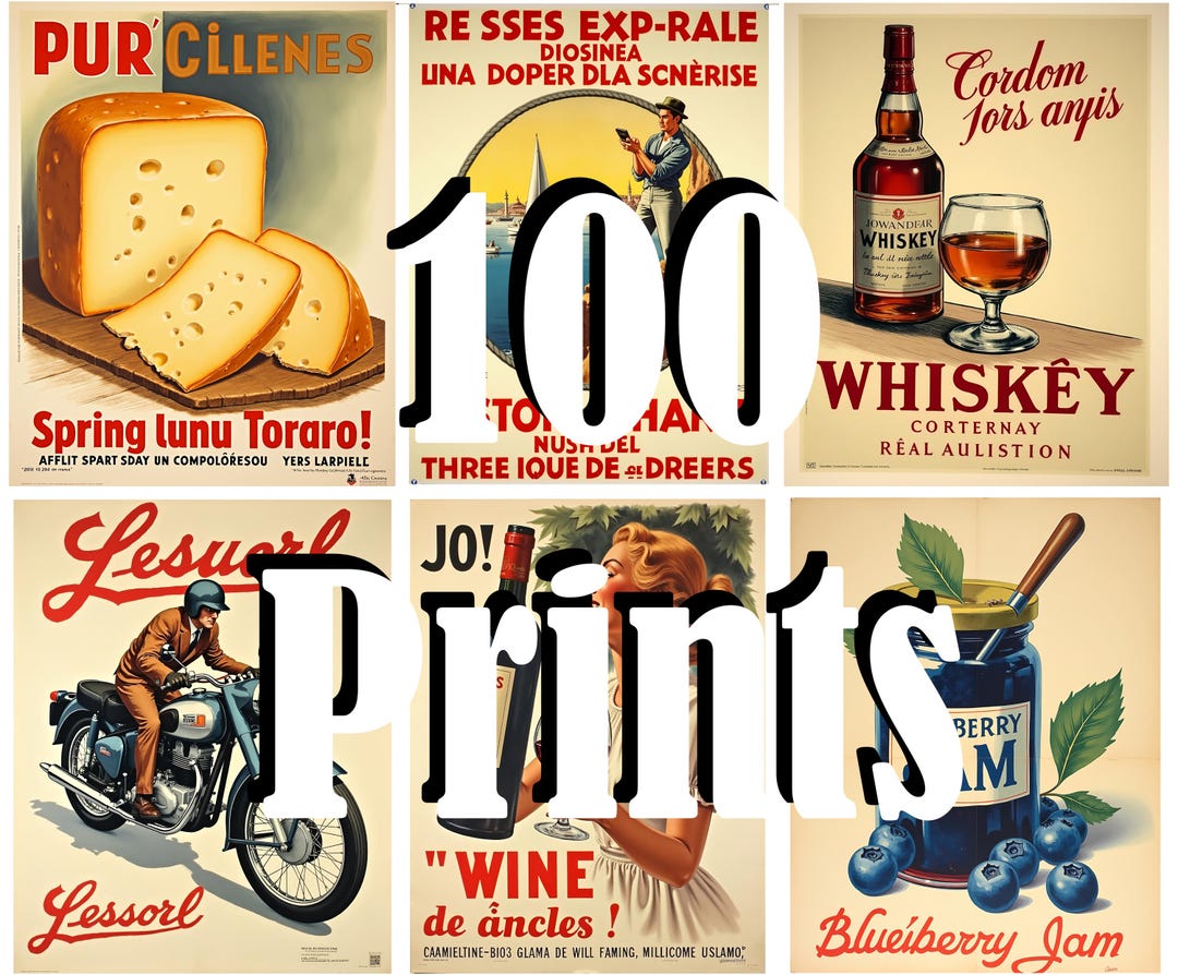100 Vintage Prints HQ PNG Files Bundle Custom Design Apparel Nostalgic ...