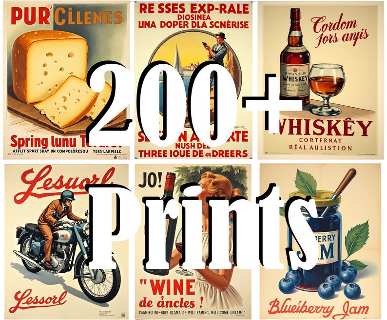200 Vintage Prints HQ PNG Files Bundle Custom Design Apparel Nostalgic ...