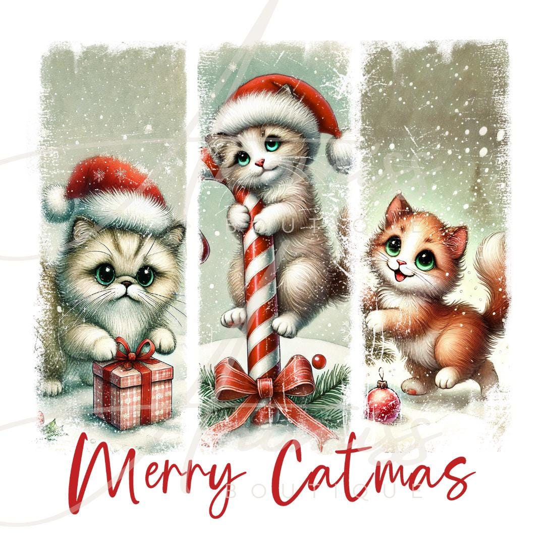 Retro Merry Catmas Png, Vintage Christmas Png, Cat Christmas Design ...