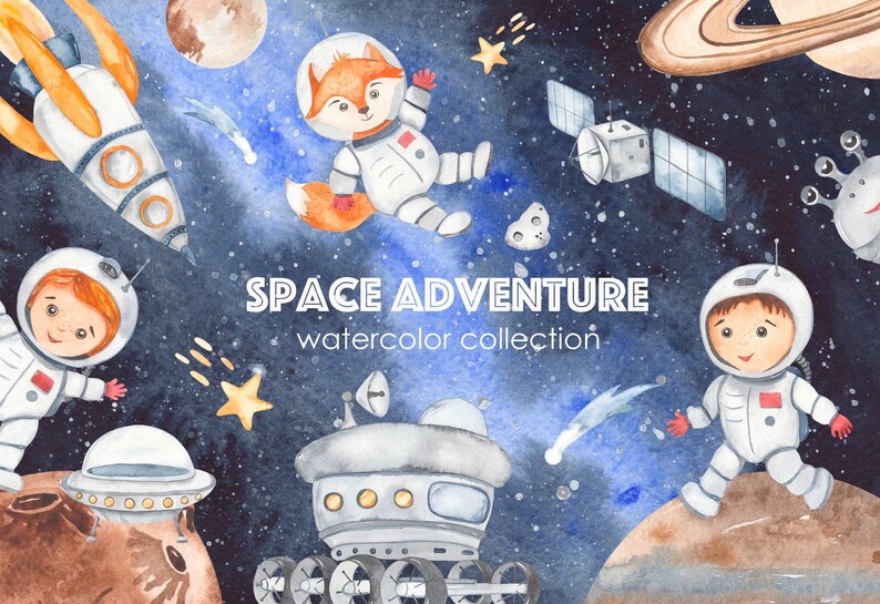 Space Watercolor Clipart, Cute Astronaut , Planets Clip Art, Rockets ...