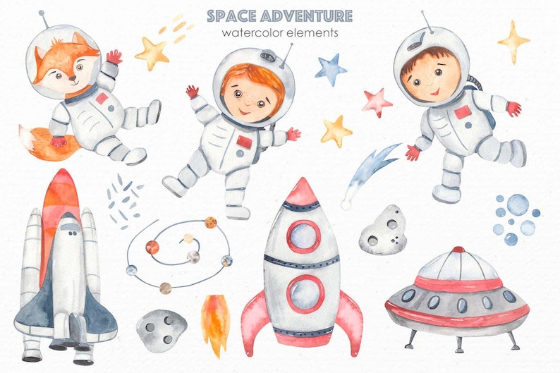 Space Watercolor Clipart, Cute Astronaut , Planets Clip Art, Rockets ...