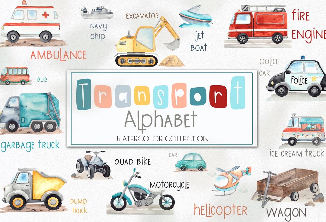 Watercolor Transport Alphabet Print, Vehicles ABC Print, Boy Playroom ...