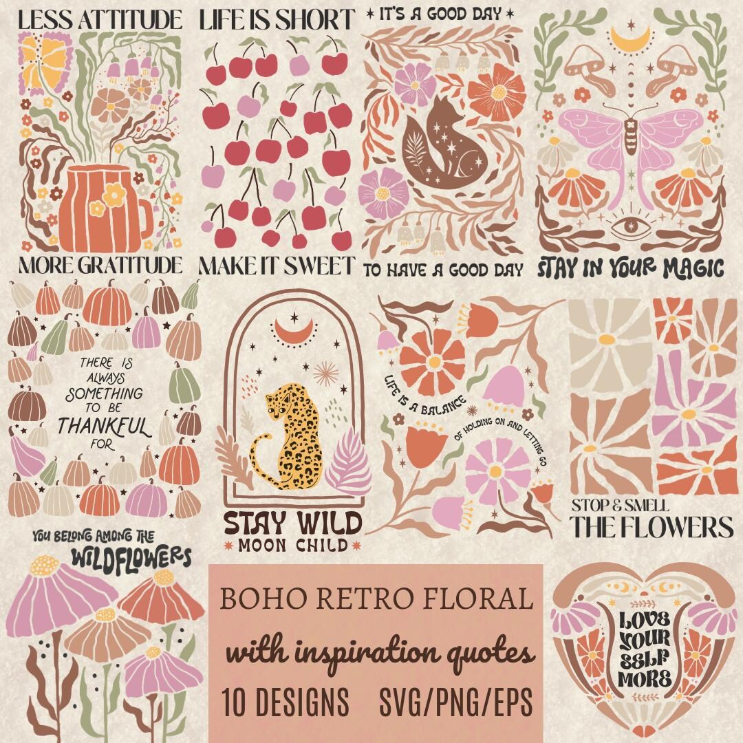 Boho Retro Flowers SVG Bundle, Boho Inspiration Quotes Png, Retro ...