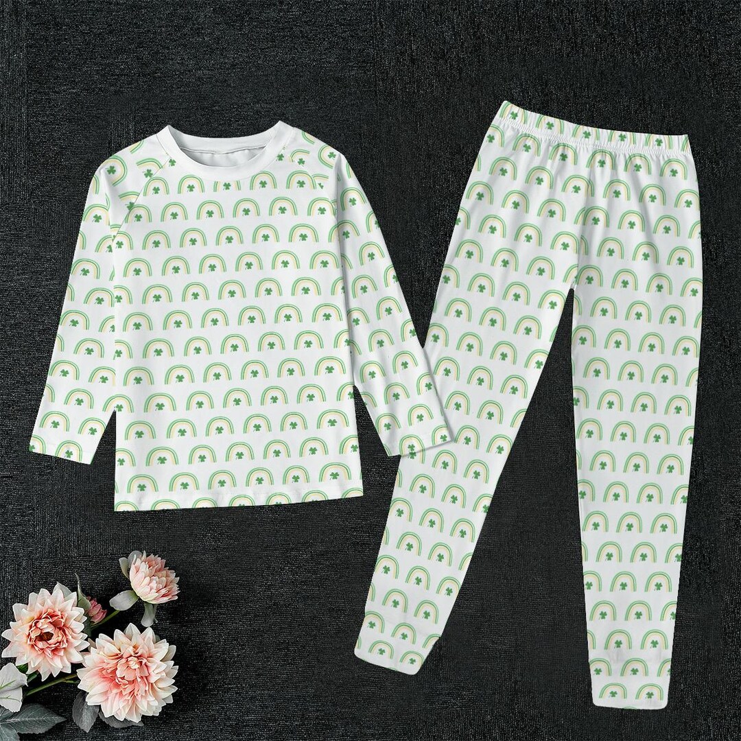 Shamrock Rainbow Kid's Two Piece Sleep Set in White St. Patrick's Day, Festive Pajamas, Gender ...