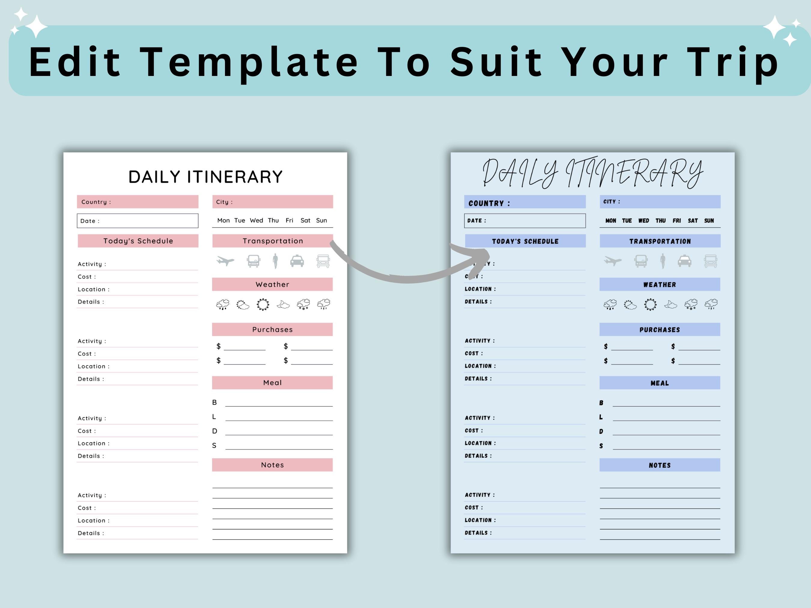 Printable Travel Planner Template Editable Vacation Itinerary & Packing ...