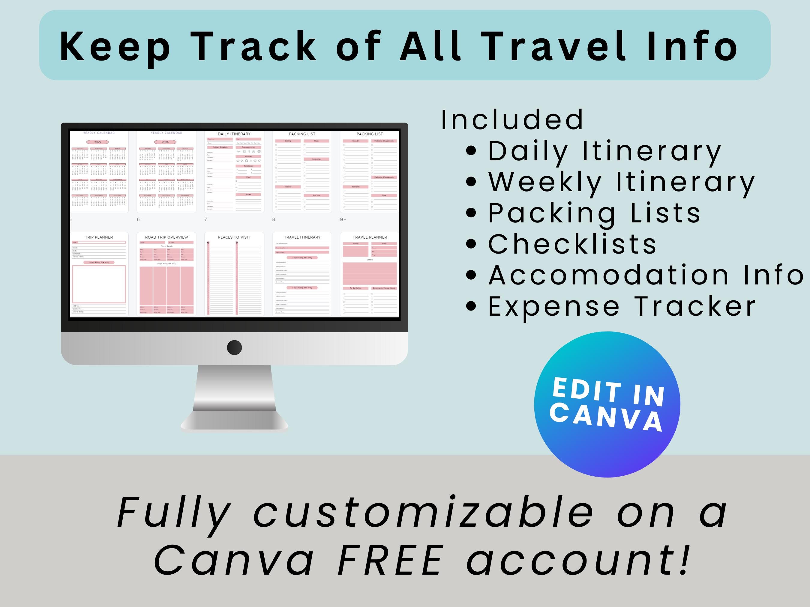 Printable Travel Planner Template Editable Vacation Itinerary & Packing ...