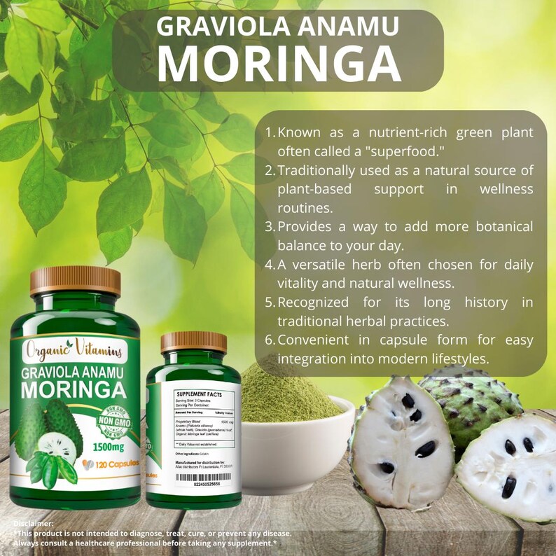 Organic Graviola Anamu Moringa Capsules – 1500mg | Non-gmo | 120 ...