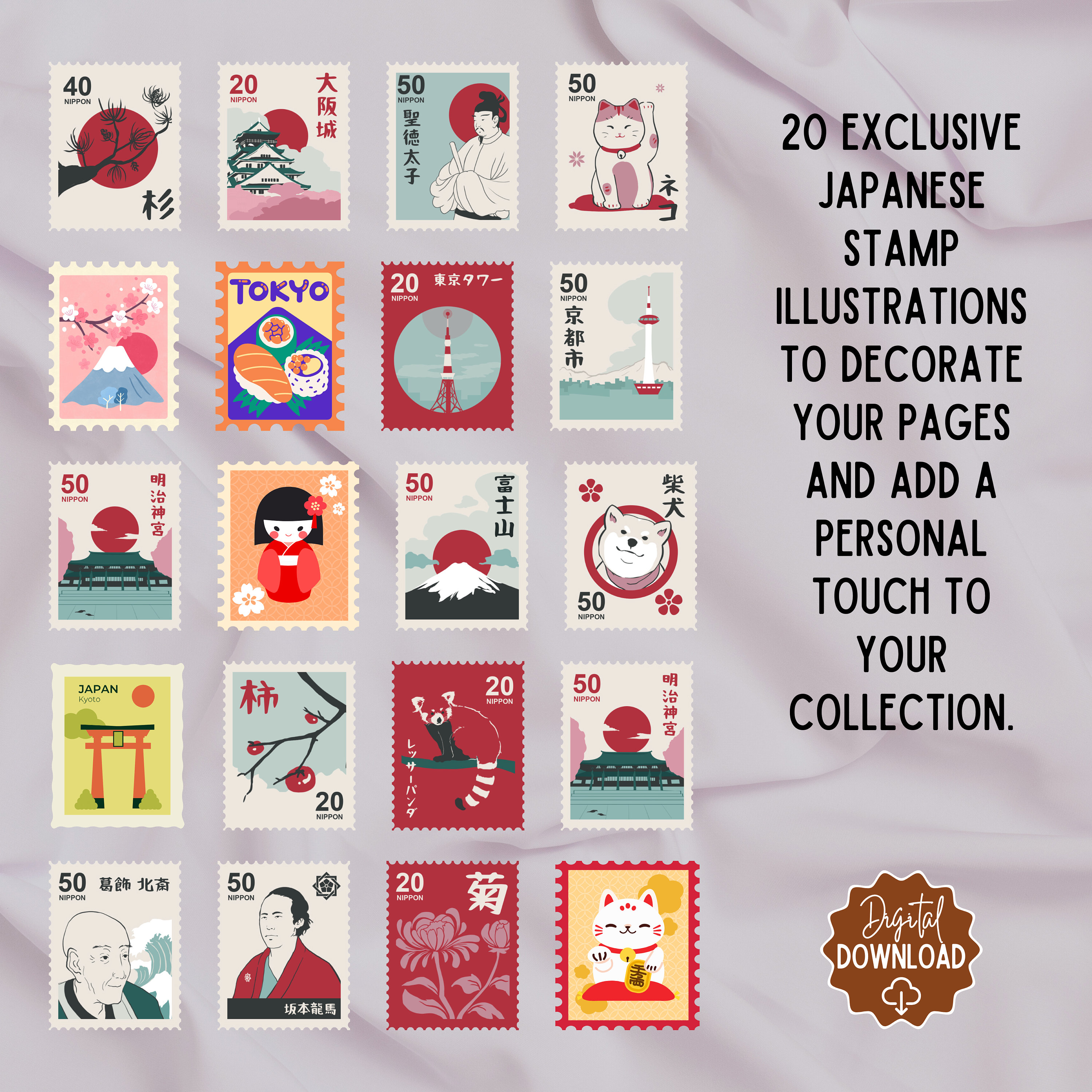 Japan Stamp Collection Book | A6 & A5 Printable | 8 Cover Designs, 20 ...
