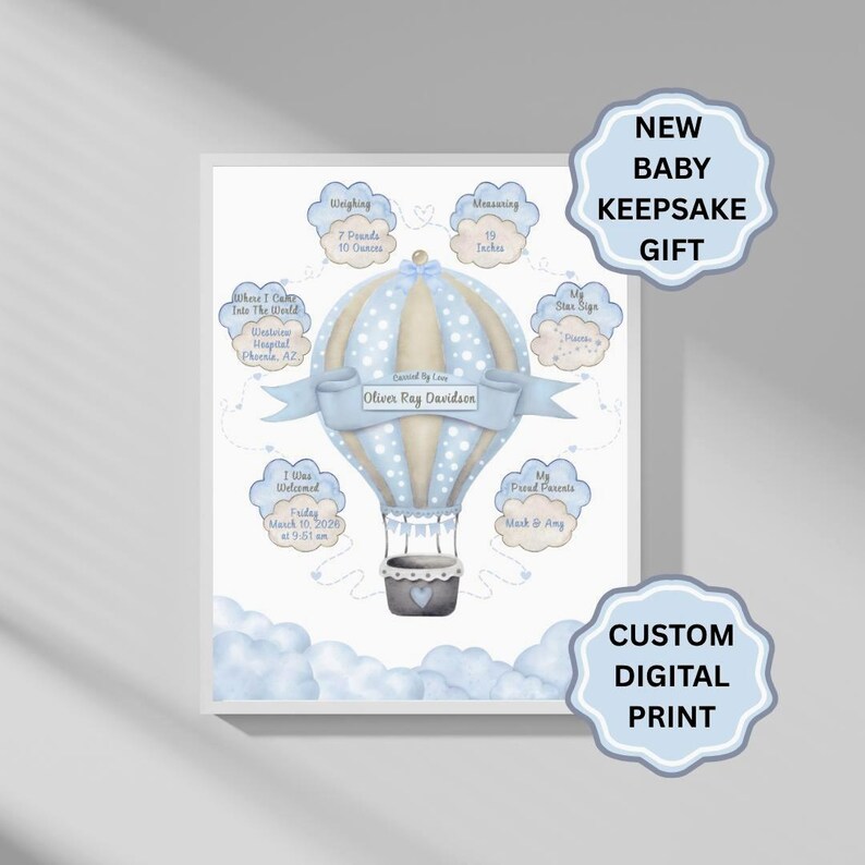 Personalized Baby Boy Birth Stats Print: Hot Air Balloon Keepsake ...