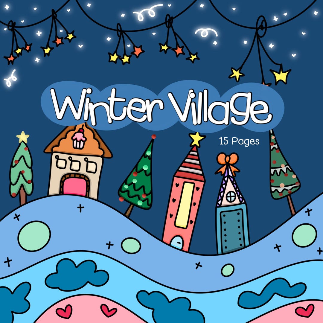 Christmas Village Coloring, Hand-drawn Doodle Illustration, Winter Town ...