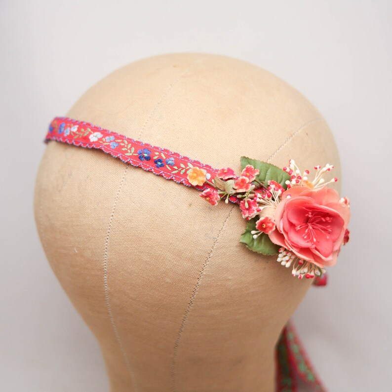 Boho Flower Crown of Red Floral Vintage Ribbon and Vintage - Etsy