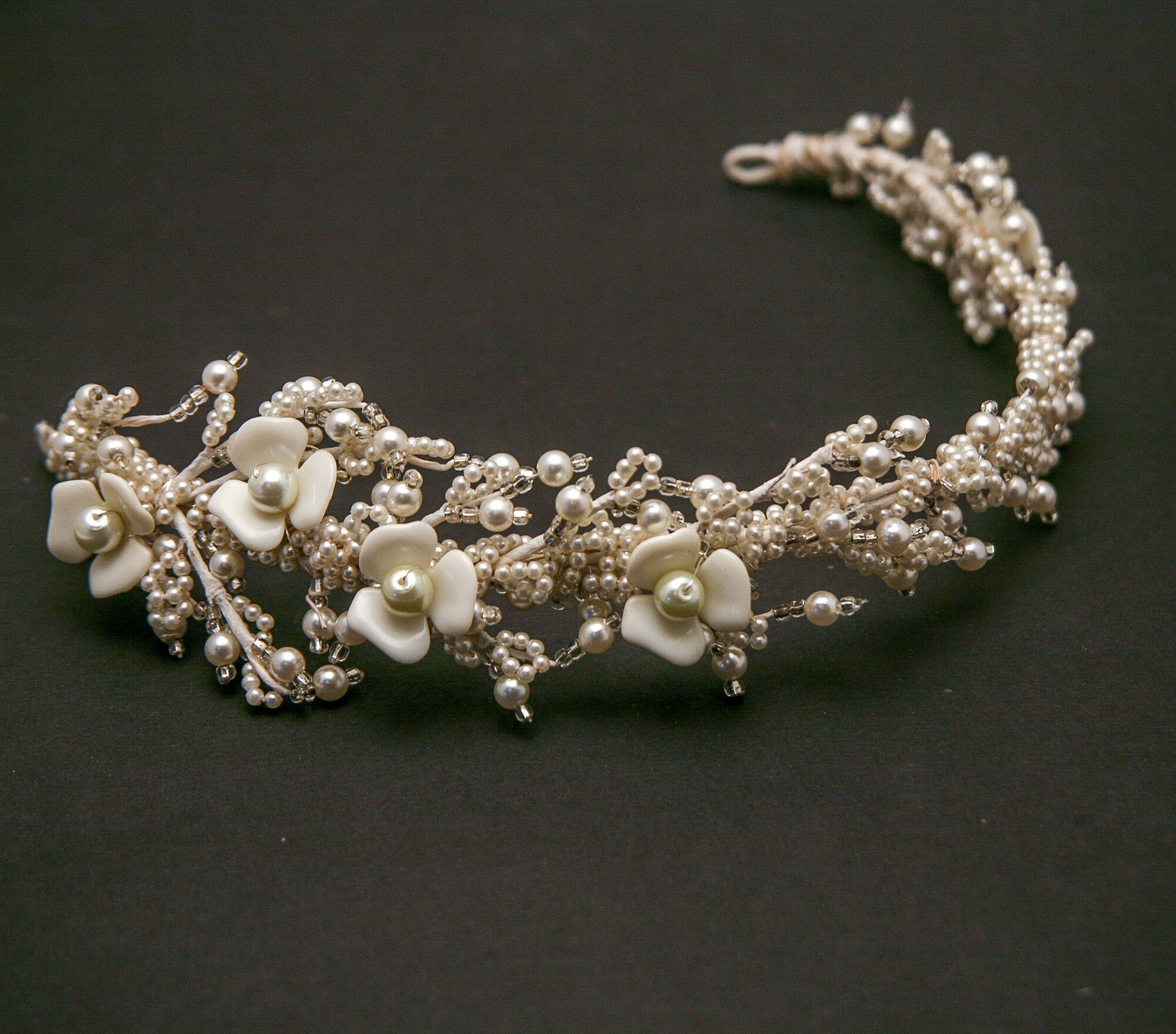 Vintage Beaded Crown With Ivory Flowers Pearl Wedding Tiara | Etsy