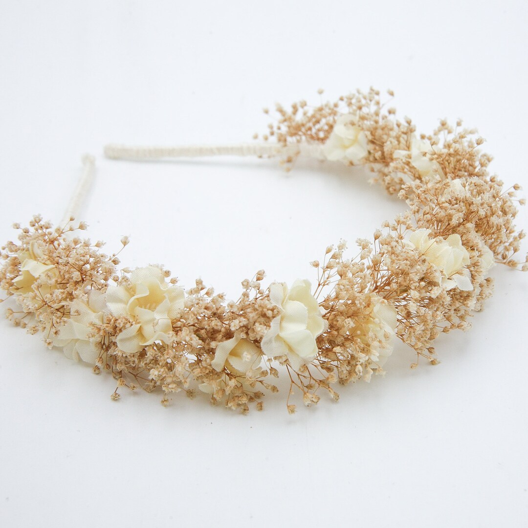 Dried Babies Breath and Flower Wedding Headband in Ecru and Ivory ...