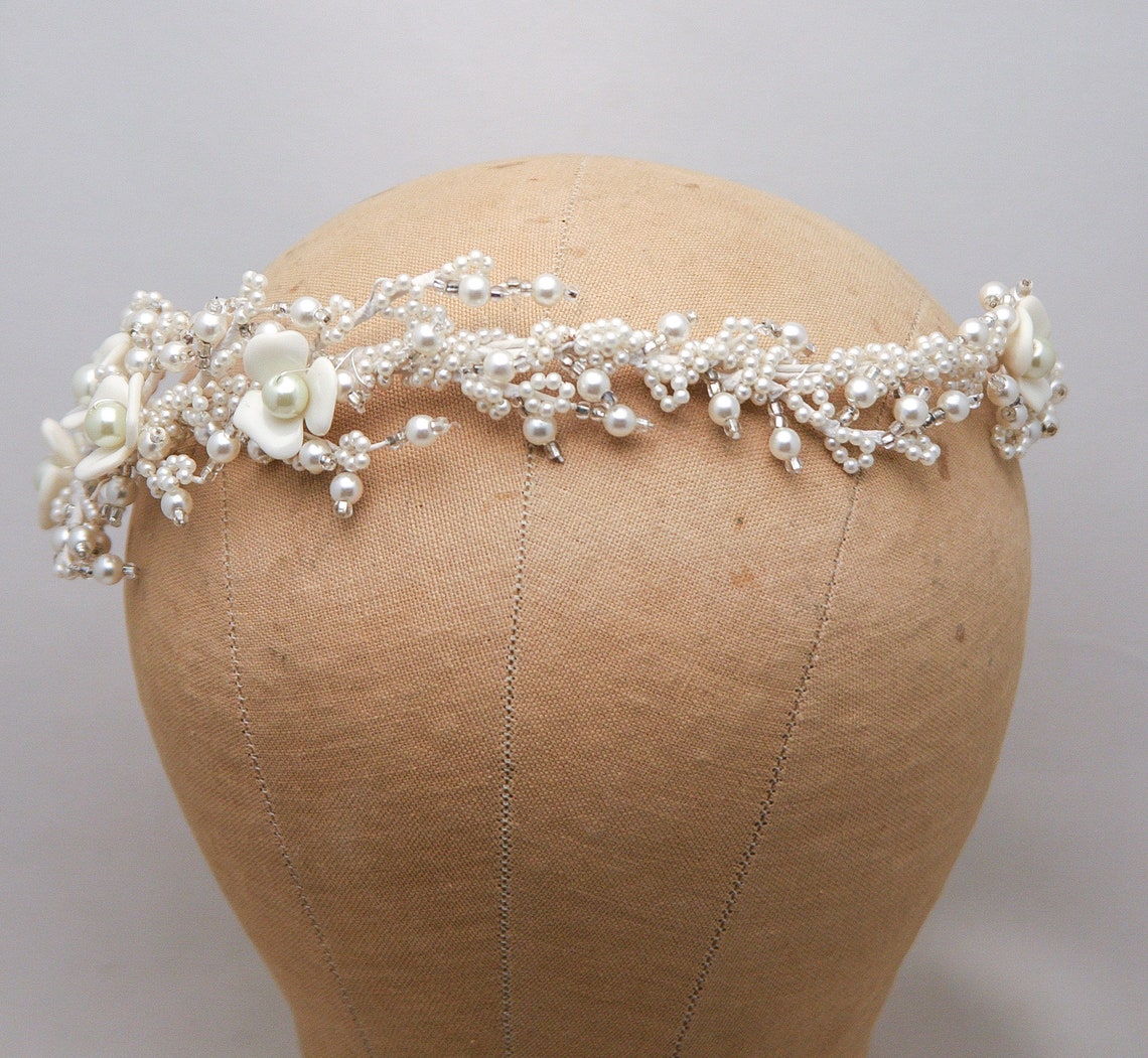 Vintage Beaded Crown With Ivory Flowers Pearl Wedding Tiara - Etsy