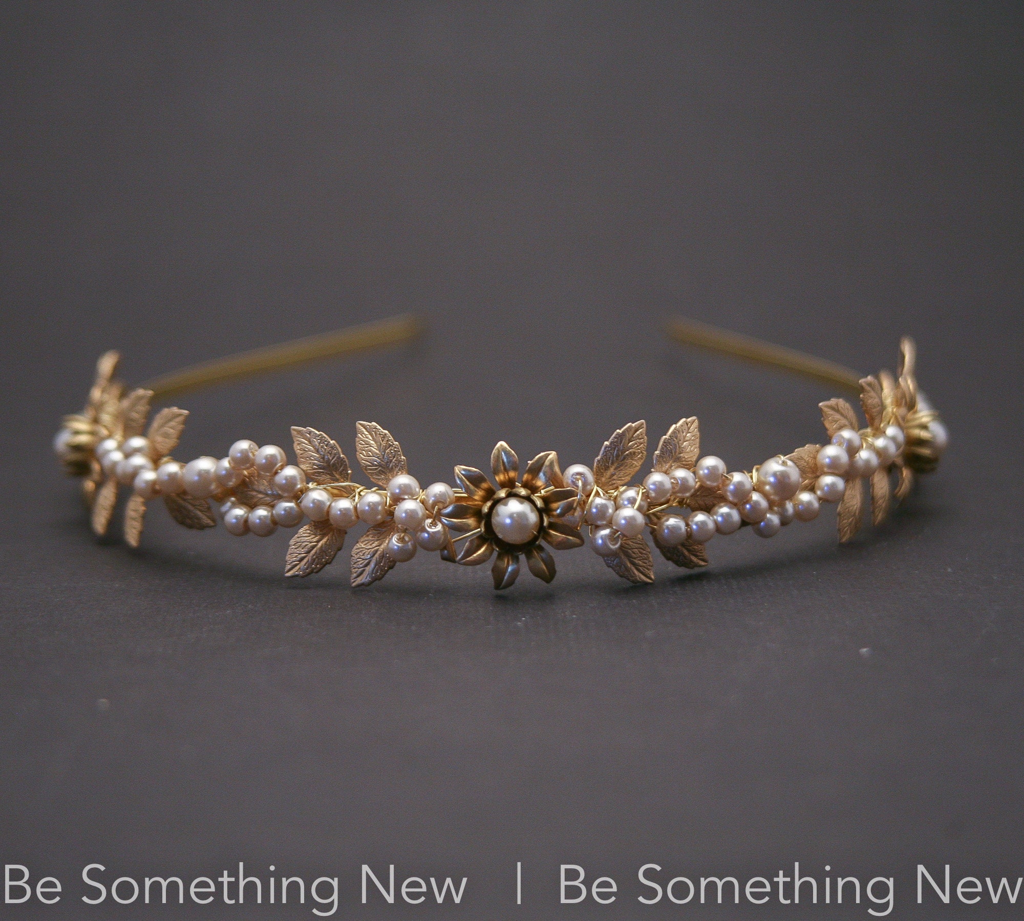Gold Metal Flower and Leaf Headband With Champagne Pearls | Etsy