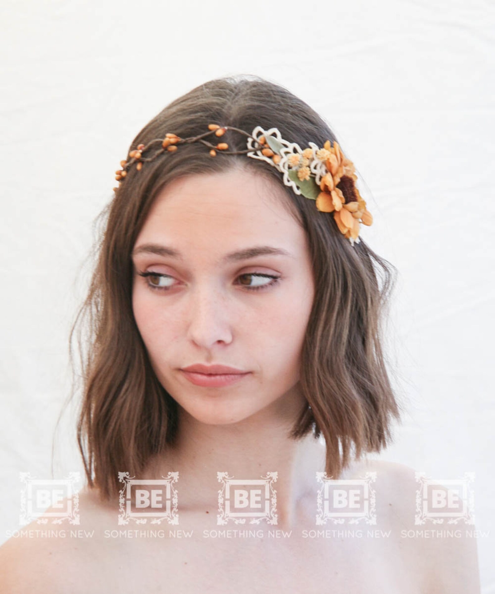 Vintage Gold Sunflower Flower Crown With Green Leaves and Lace | Etsy