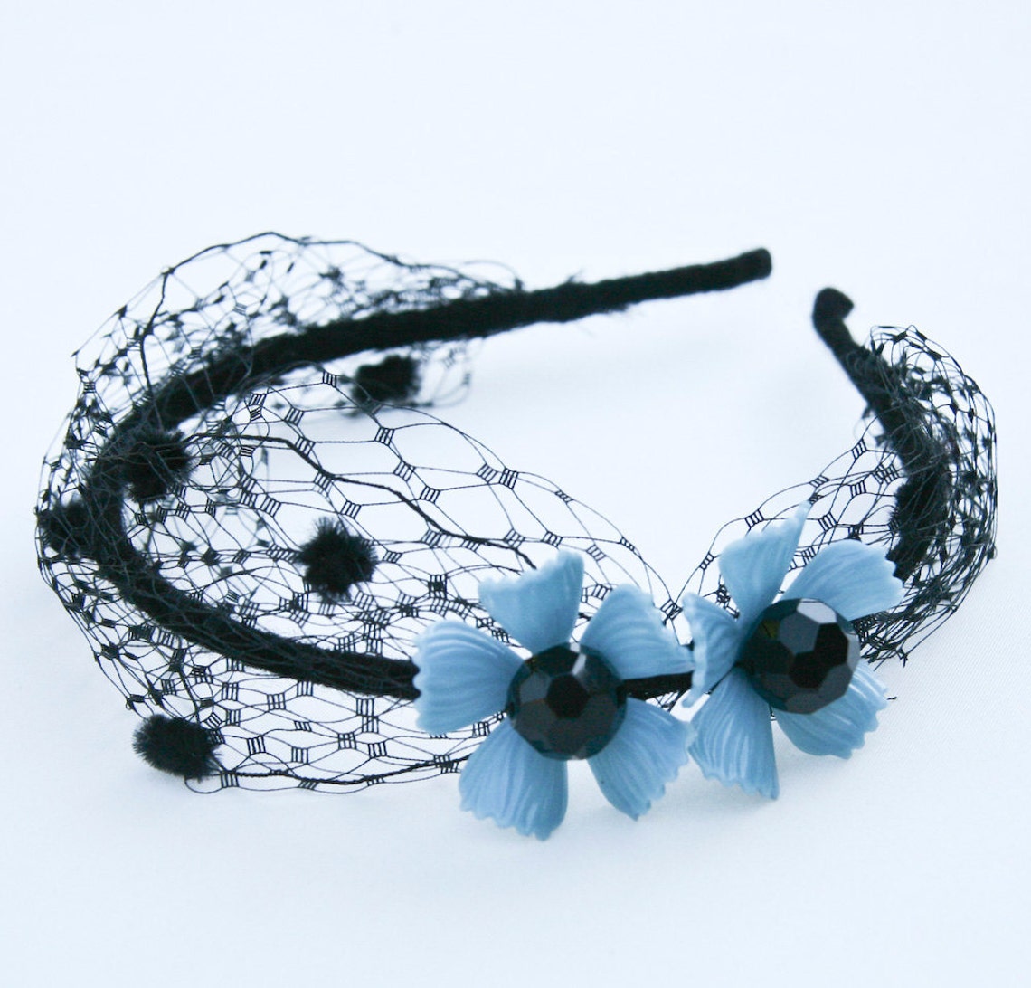 Black Net Headband With Vintage Blue Flowers Floral Headband - Etsy