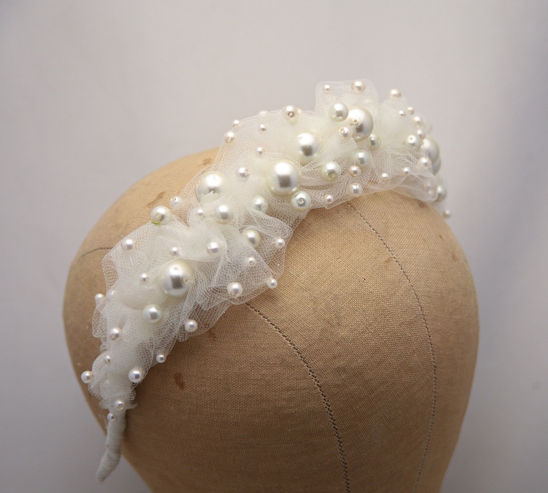 Wide Wedding Headband of Netting and Pearls Modern Wedding - Etsy
