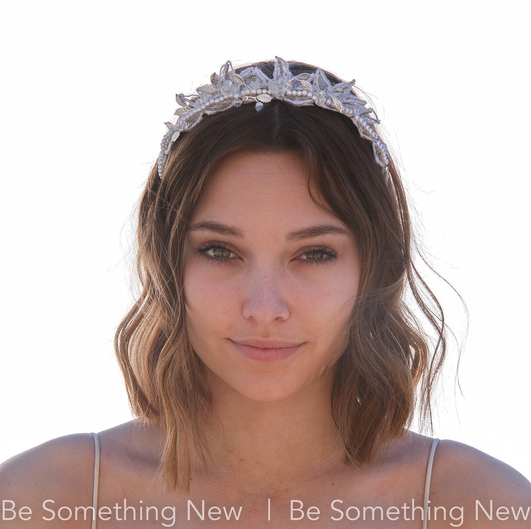 Vintage Lace Tiara With Silver Metal Leaves Pearls and Crystals, Snow ...