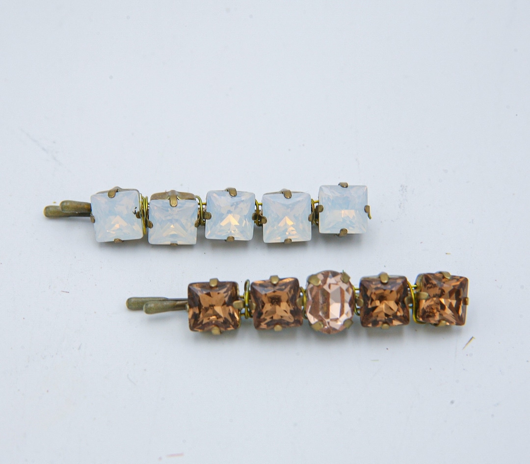 Set of Two Rhinestone Bobbie Pins in Smoked Topaz and White Opal, Hair ...
