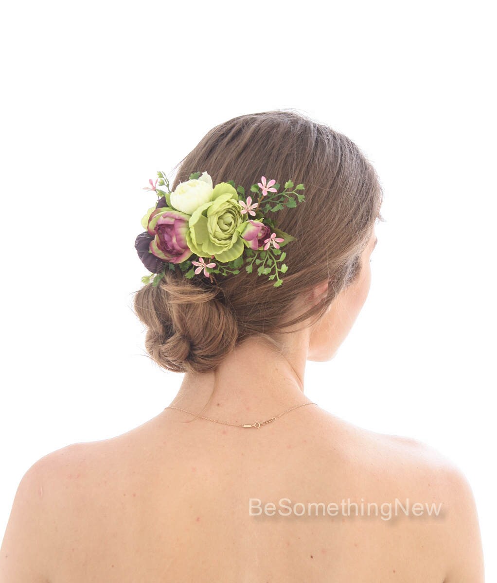 Large Flower Hair Comb in Greenery Pink and Burgundy Wedding | Etsy