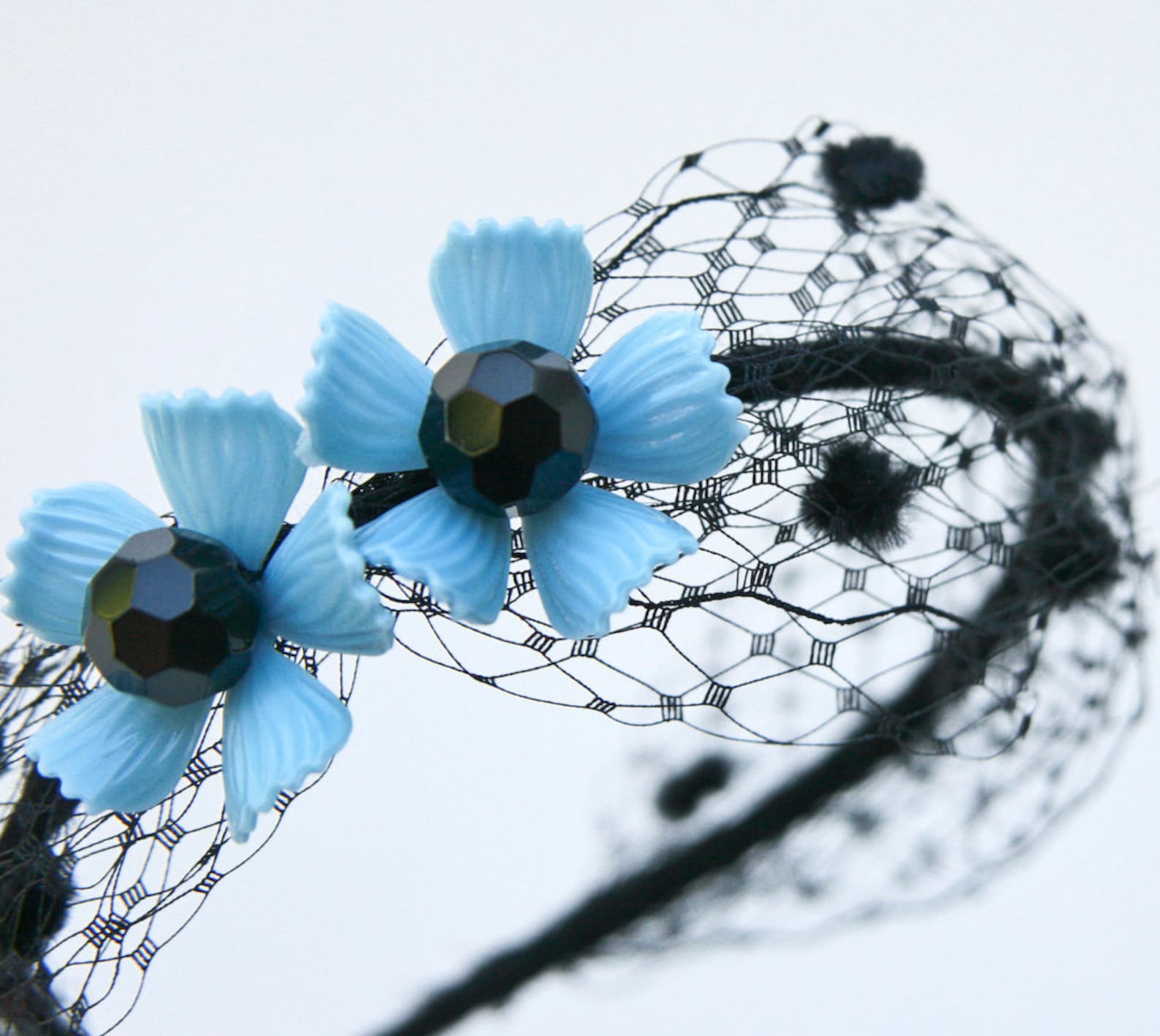 Black Net Headband With Vintage Blue Flowers, Floral Headband, Bohemian ...