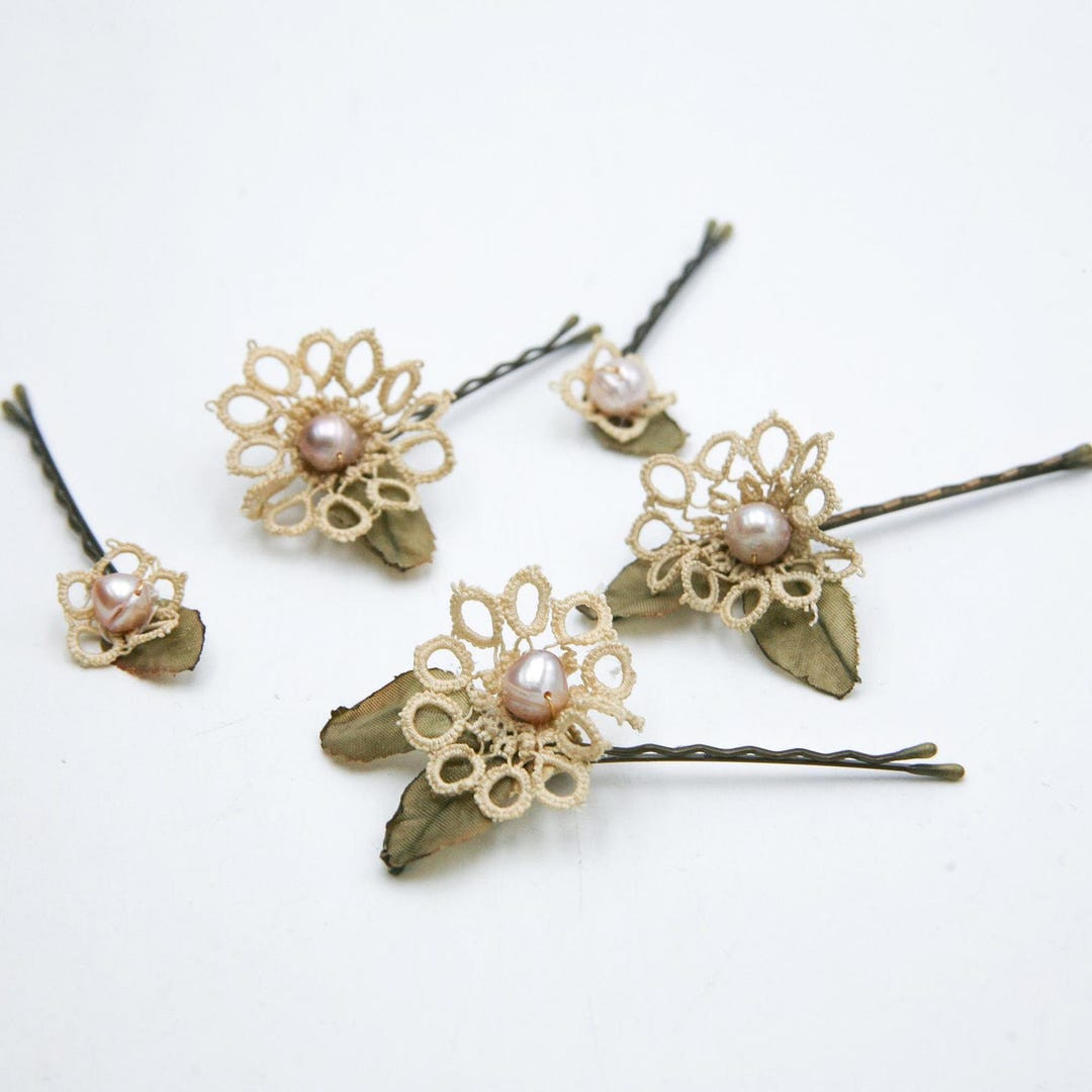 Wedding Hair Pin Sets of Antique Lace and Freshwater Pearls, Bridal ...