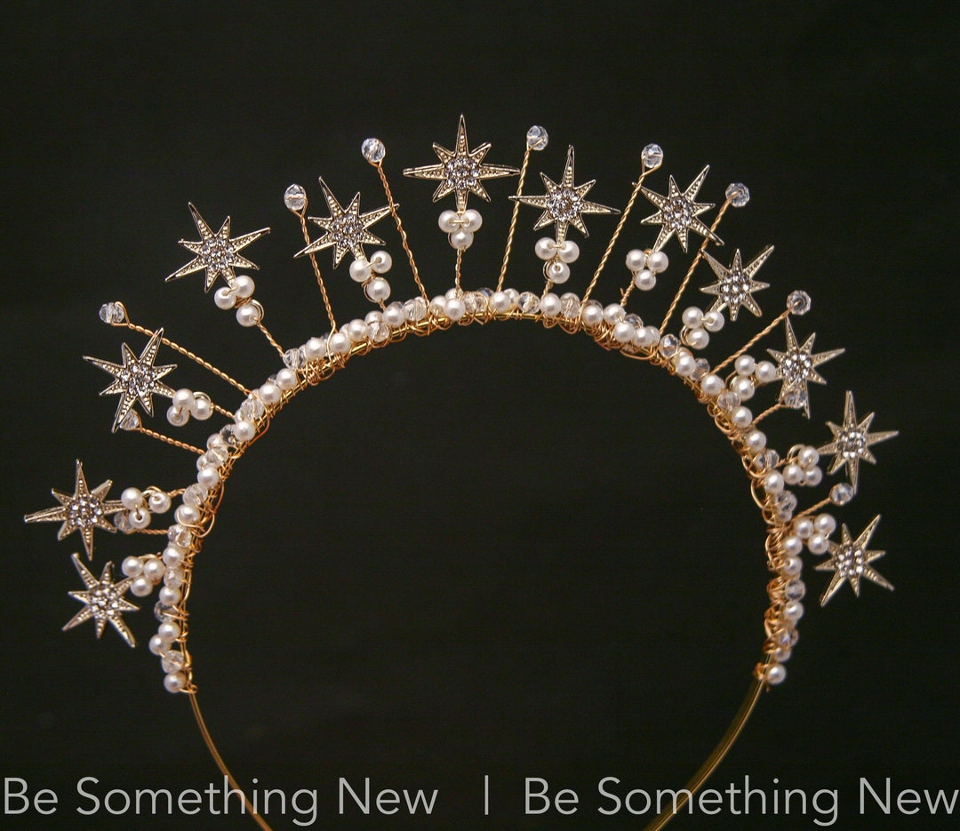 Celestial Wedding Crown of Gold Stars With Rhinestone and Pearls, Boho ...