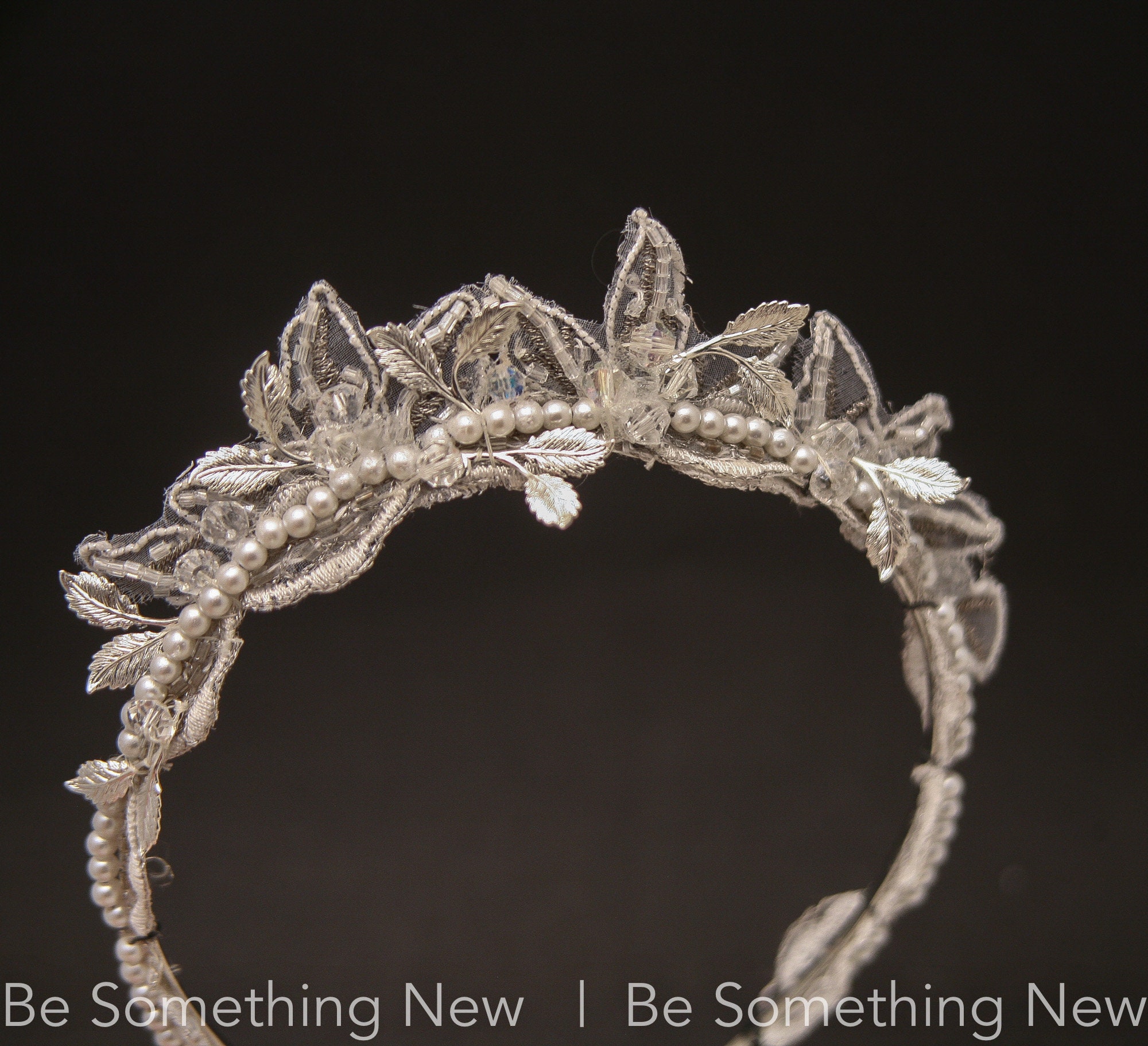 Vintage Lace Tiara with Silver Metal Leaves Pearls and | Etsy