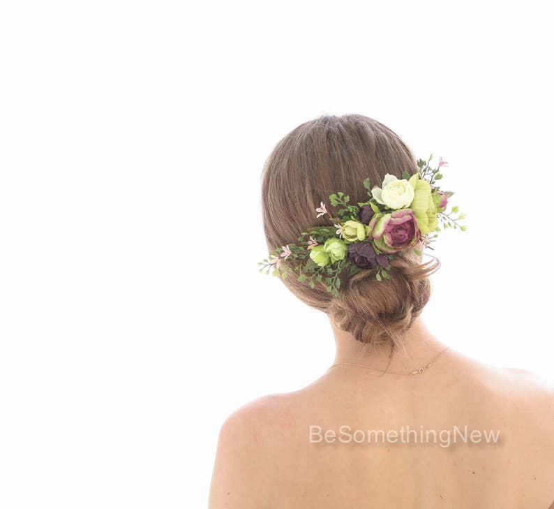 Large Flower Hair Comb in Greenery Pink and Burgundy Wedding | Etsy