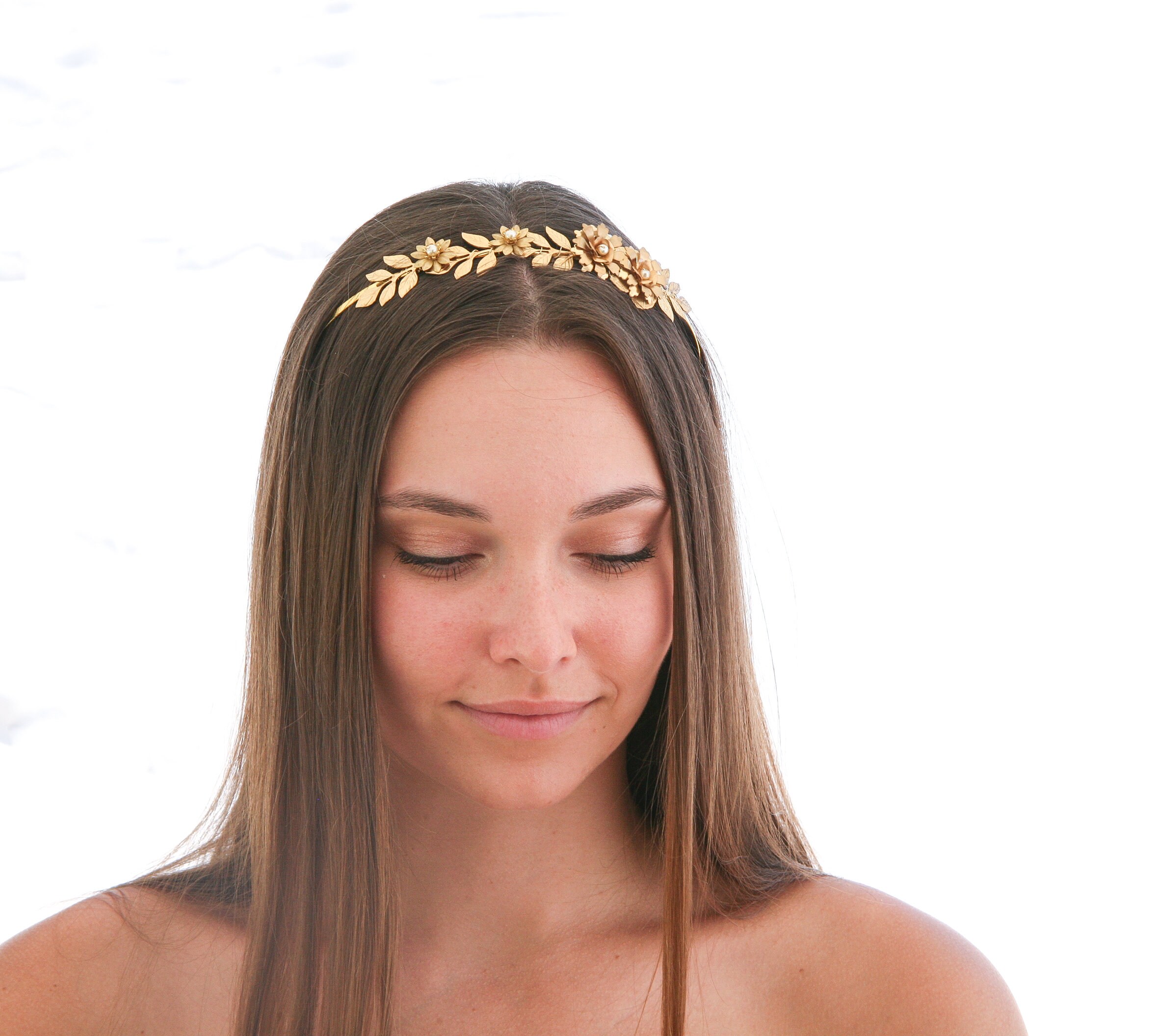 Brassy Gold Metal Leaf and Flower Headband, Grecian Wedding Headpiece ...