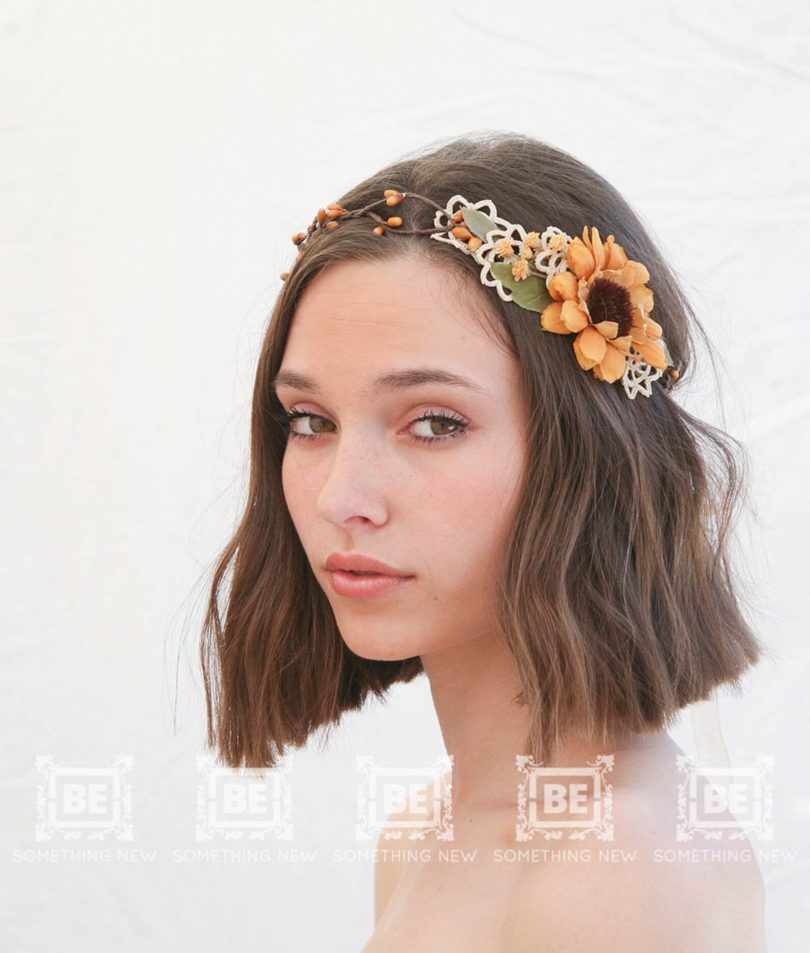 Vintage Gold Sunflower Flower Crown With Green Leaves and Lace | Etsy