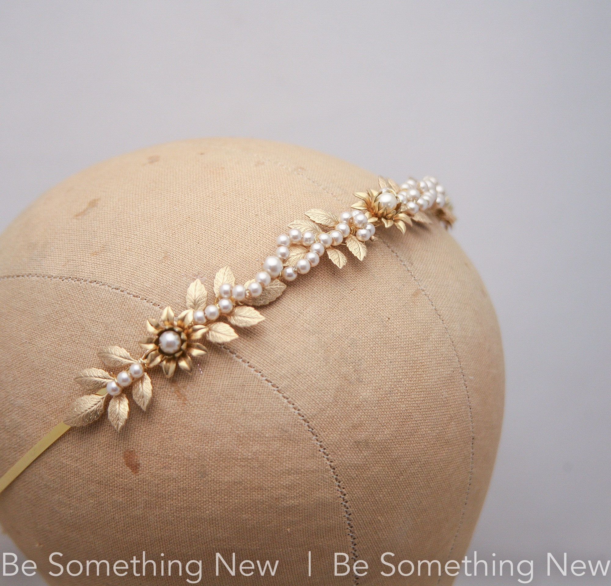 Gold Metal Flower and Leaf Headband With Champagne Pearls | Etsy