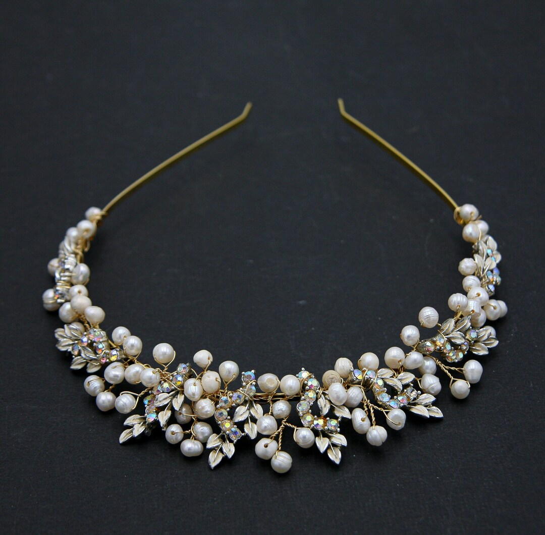 Wedding Tiara of Wired Fresh Water Pearls and Vintage Rhinestone Stone ...
