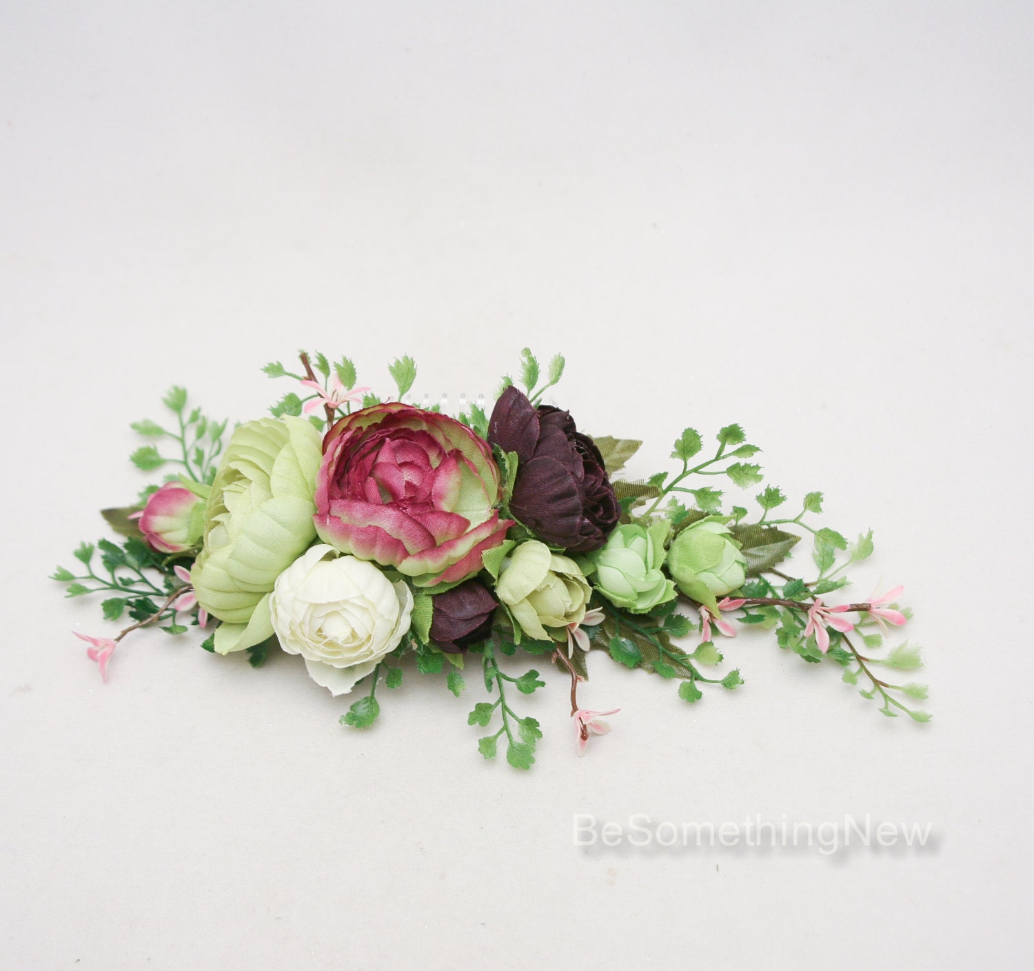 Large Flower Hair Comb in Greenery Pink and Burgundy Wedding | Etsy