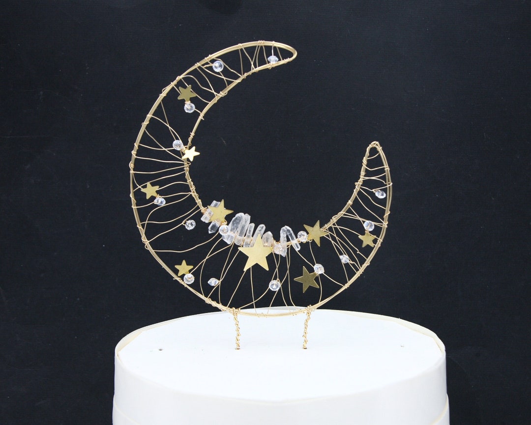 Moon and Stars Gold Metal Cake Toper With Crystals, Golden Celestial ...