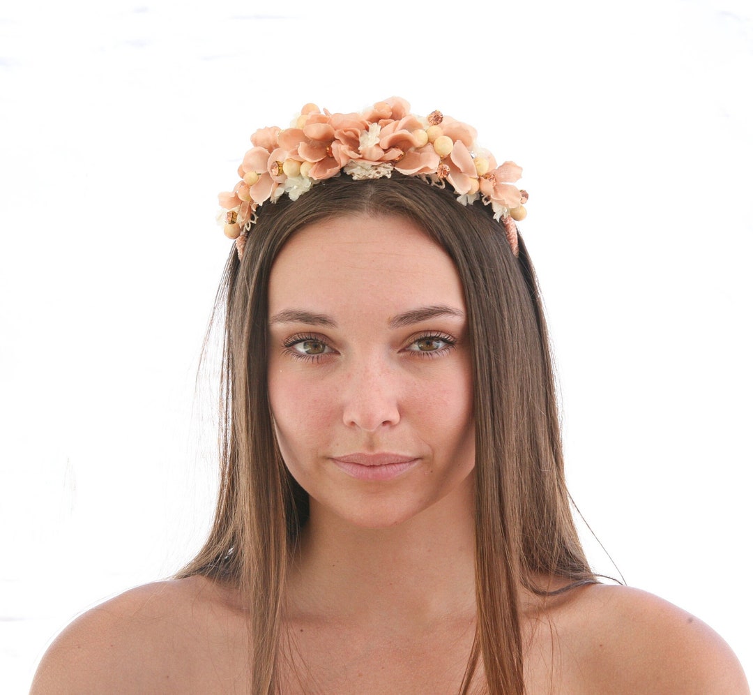 Peach and Ivory Flower Crown Headband With Rhinestones and Lace Leaves ...