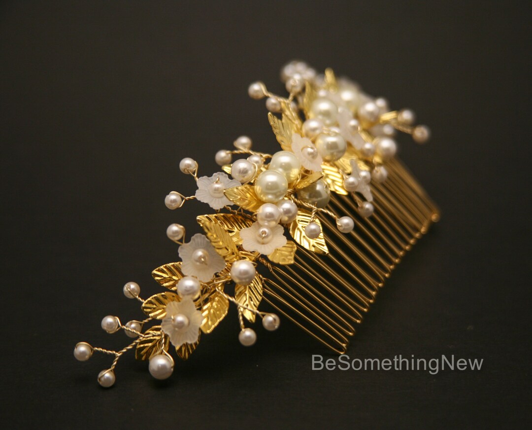 Beaded Wedding Hair Comb Gold and Ivory Bridal Comb With Metal Leaves ...