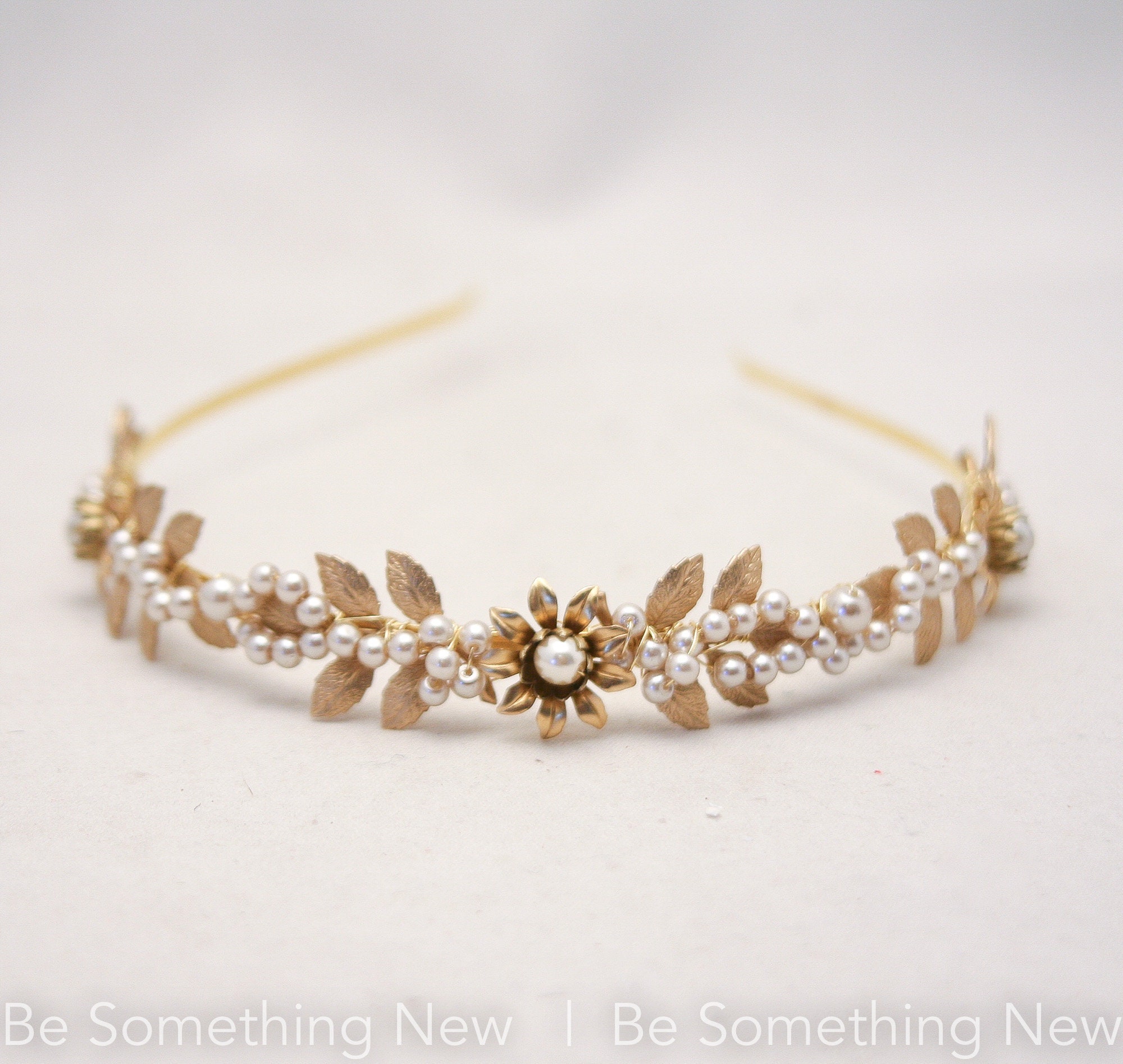 Gold Metal Flower and Leaf Headband With Champagne Pearls | Etsy