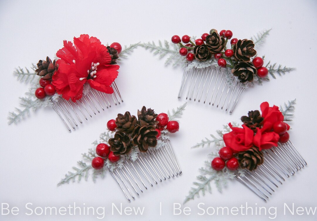 Christmas Hair Combs With Red Flowers White Greenery and Pine Combs ...