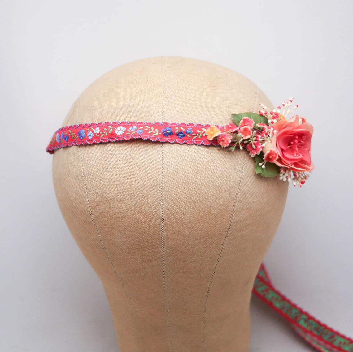 Boho Flower Crown of Red Floral Vintage Ribbon and Vintage - Etsy