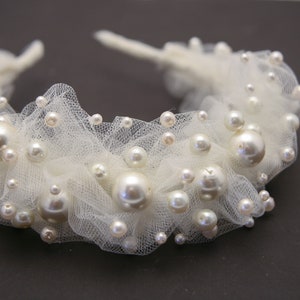 Wide Wedding Headband of Netting and Pearls, Modern Wedding Headpeice ...