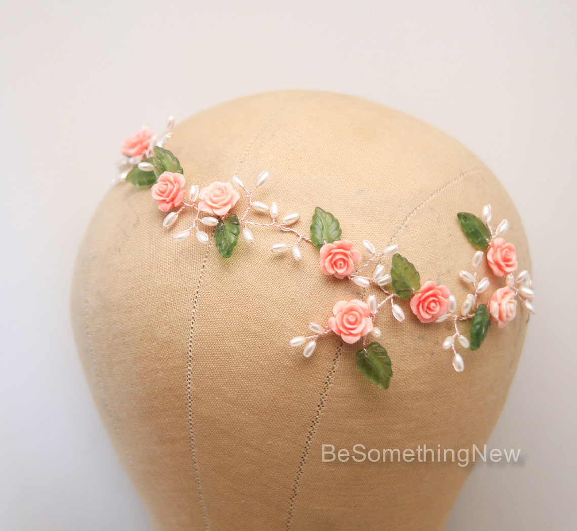 Wedding Hair Vine of Coral Roses Green Leaves and Pearls Rose - Etsy