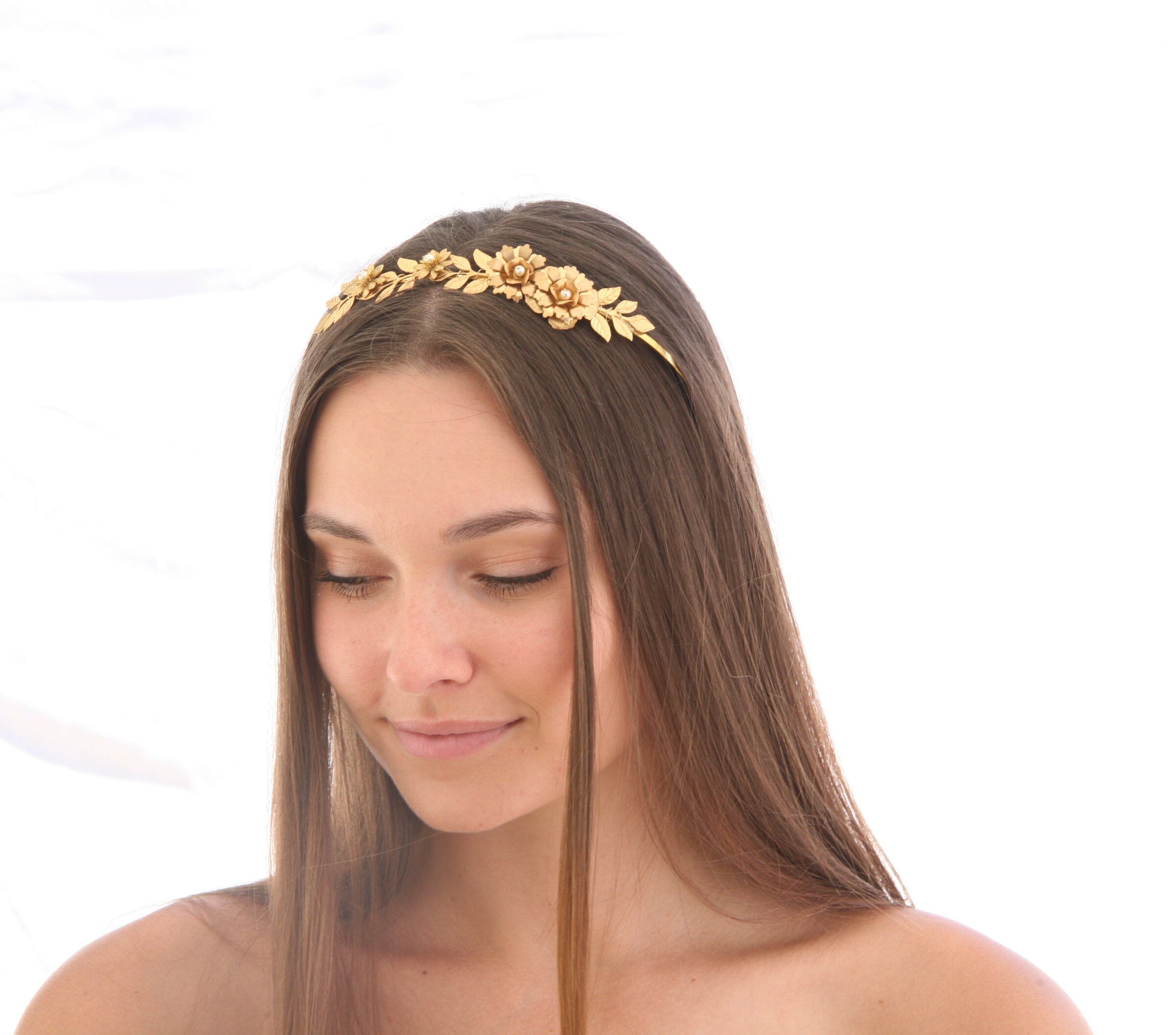 Brassy Gold Metal Leaf and Flower Headband, Grecian Wedding Headpiece ...