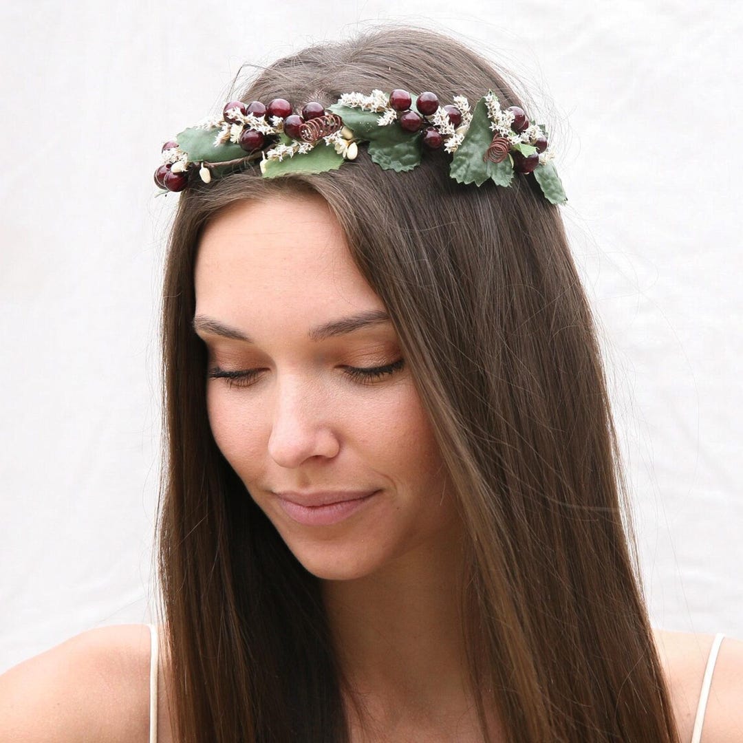 Greenery Flower Crown With Wine Berries and Dried Flowers, Winter ...