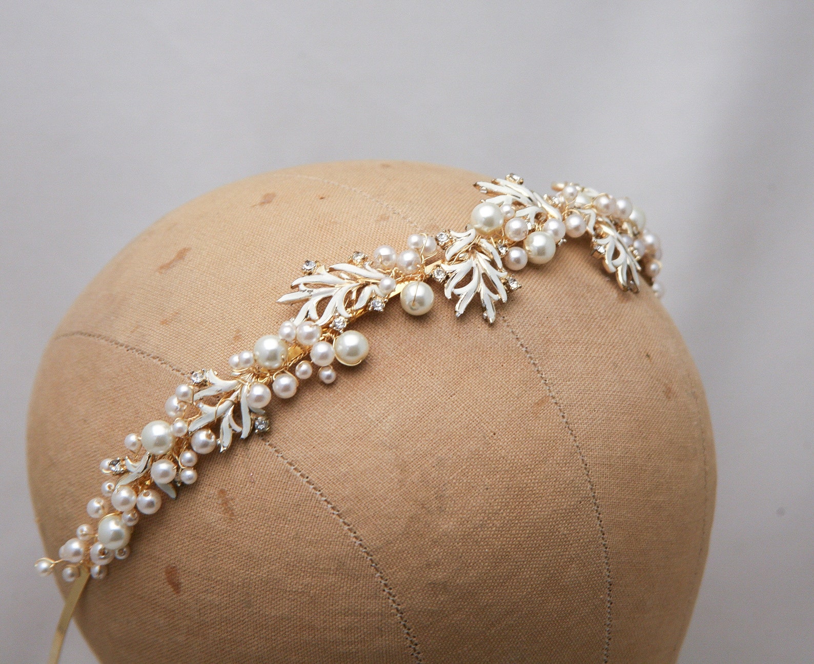 Pearl Wedding Tiara With Vintage Enameled Leaves Wedding | Etsy