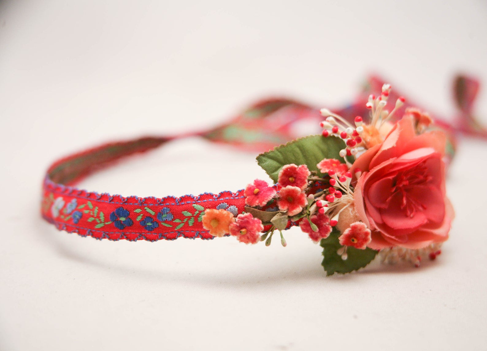 Boho Flower Crown of Red Floral Vintage Ribbon and Vintage - Etsy