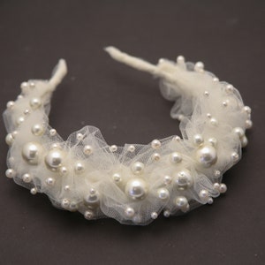 Wide Wedding Headband of Netting and Pearls, Modern Wedding Headpeice ...