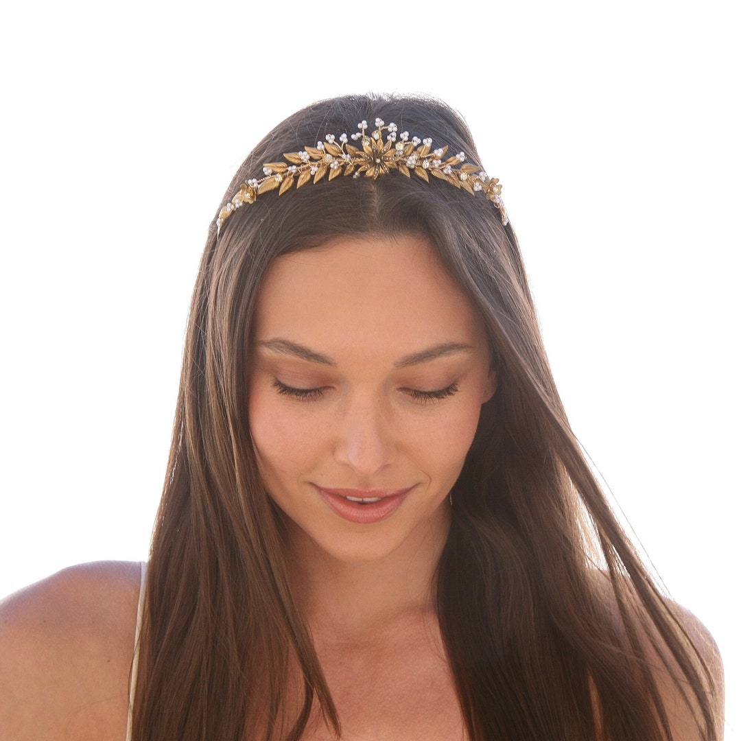 Gold Wedding Tiara With Pearls and Metal Leaves With Vintage Broach ...